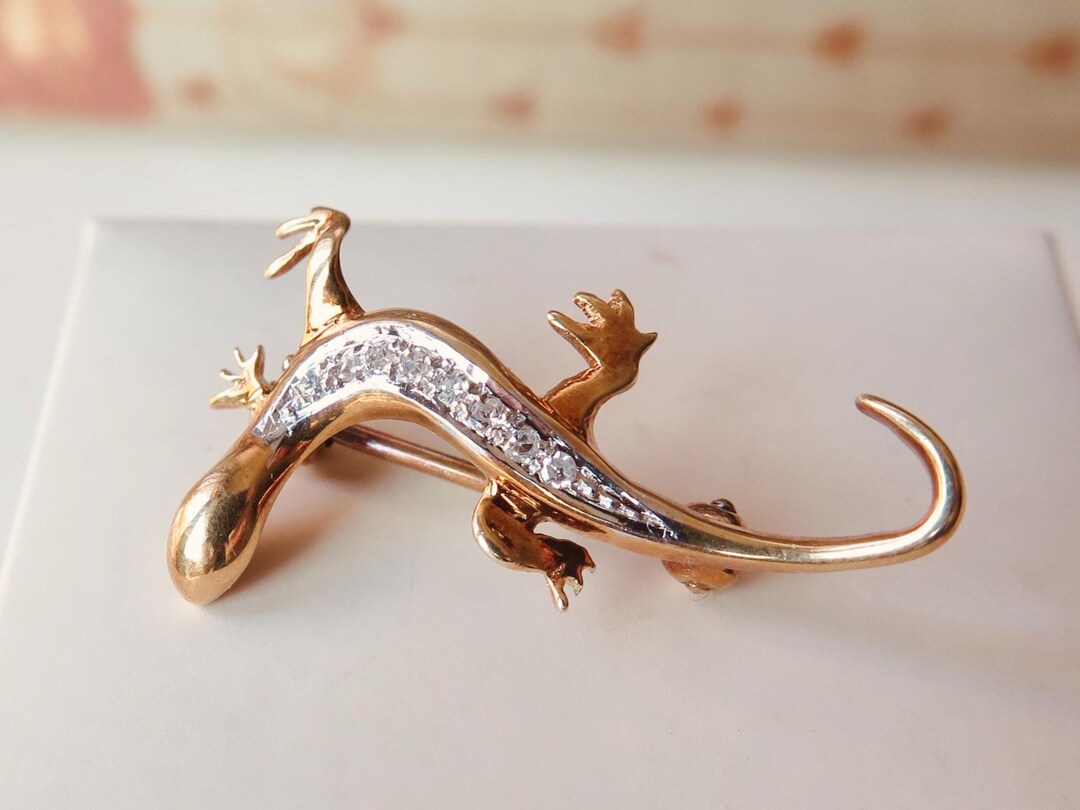 Vintage 14k Gold and Diamonds Lizard Brooch, Salamander Brooch - Etsy