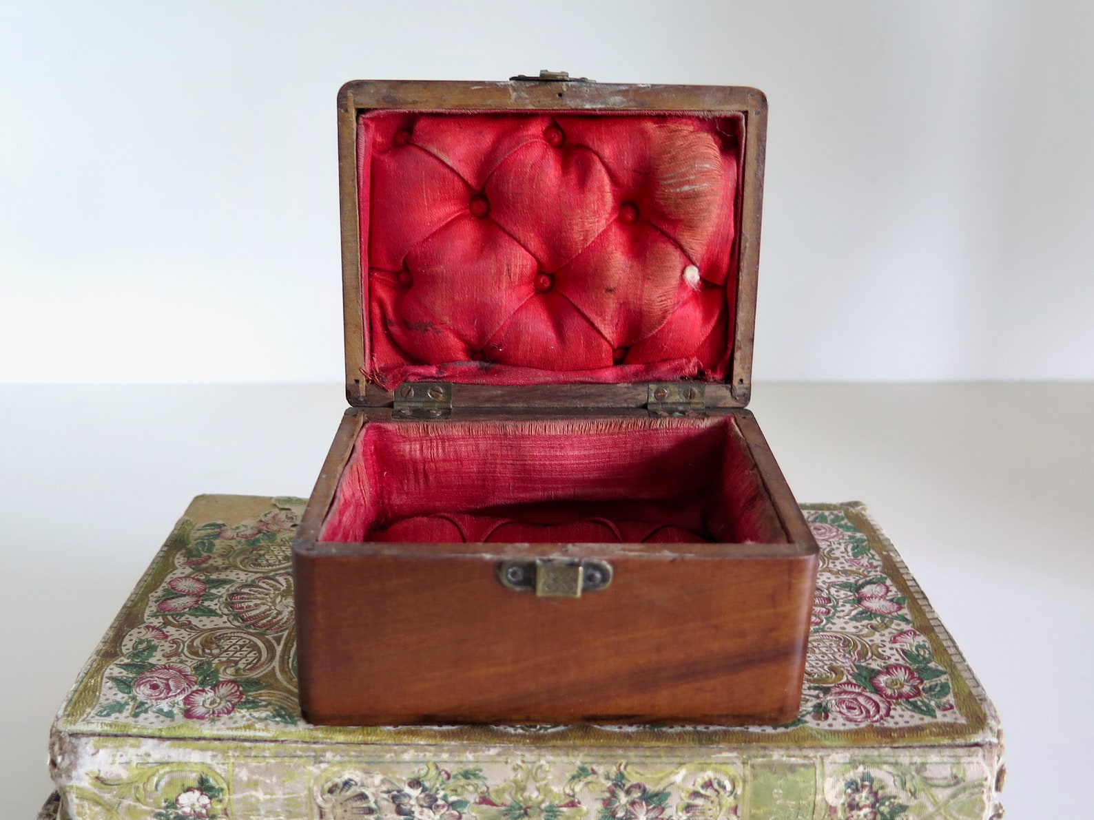 Antique Small French Jewelry Box Red Tufted Box Rosewood | Etsy