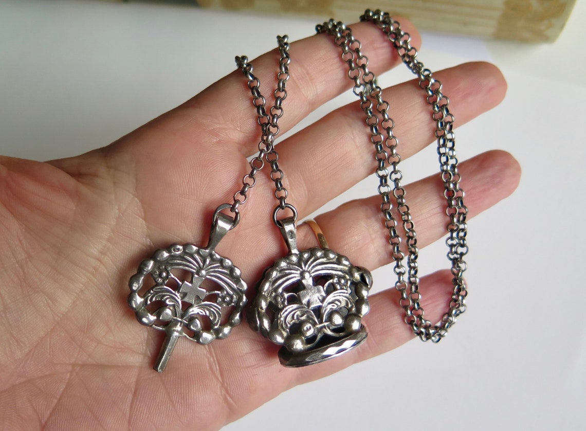 Antique Long Silver Watch Chain With Large Signet Fob and - Etsy