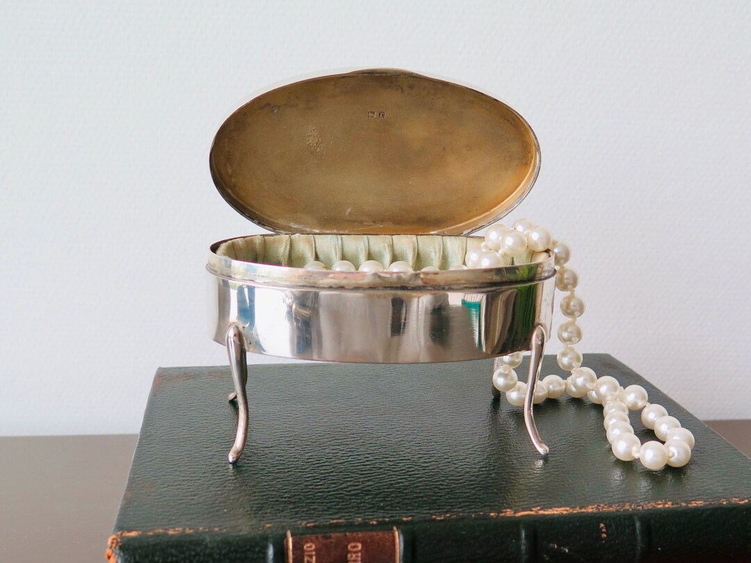 Antique ASPREY London 1912 Solid Silver Jewelry Trinket Box Green Silk ...