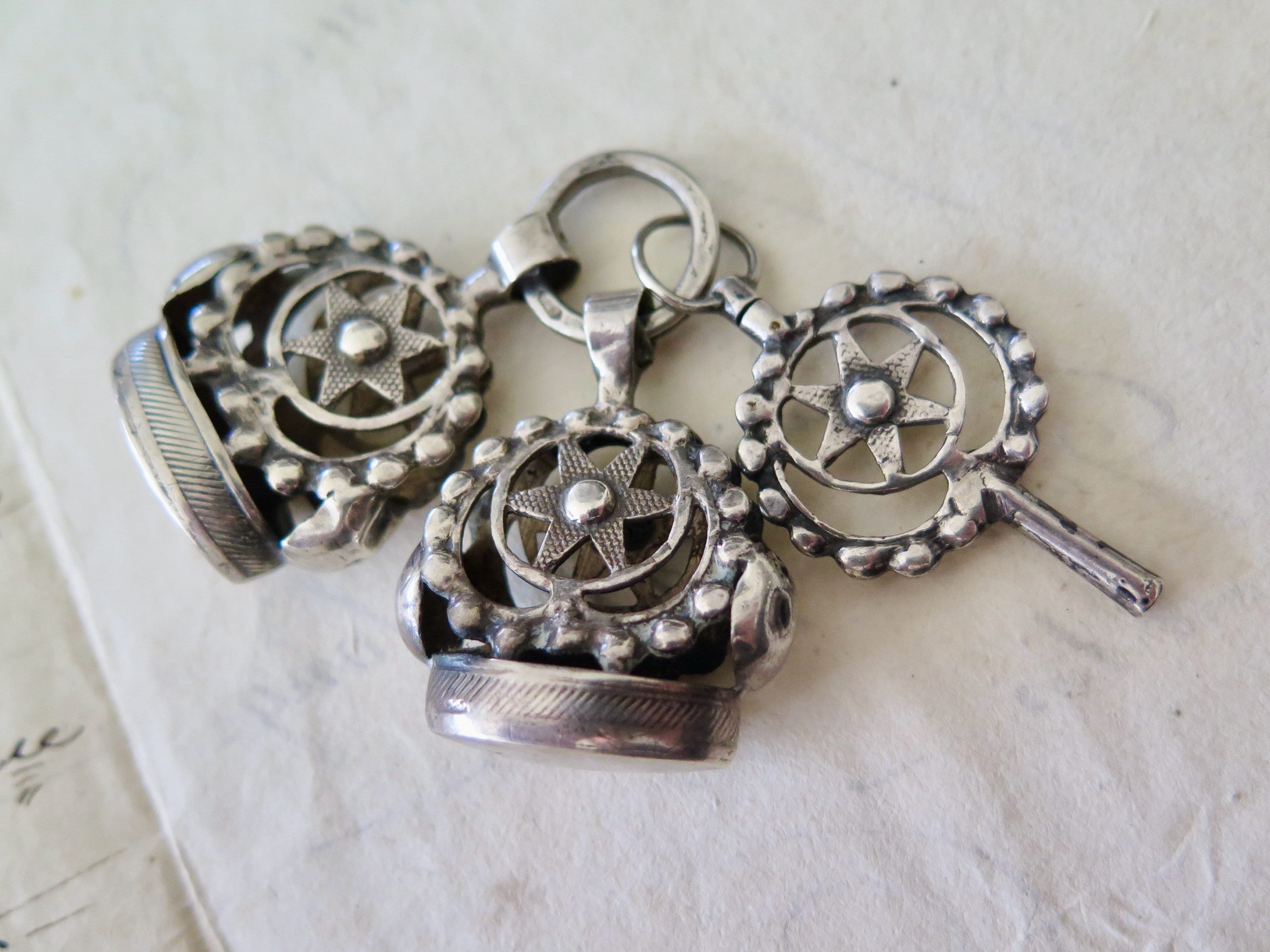 Antique LARGE Silver Watch Fobs and Watch Key Set Fob Pendant | Etsy