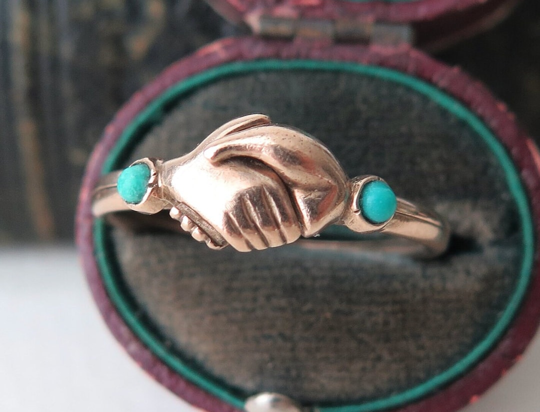 Antique Victorian Fede Ring, 9k Gold With Turquoise Cabochons, Italian ...