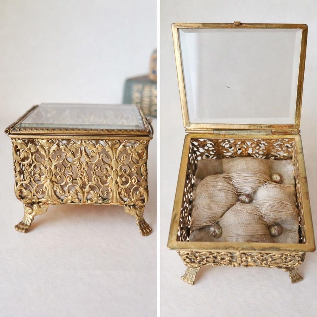 Antique Victorian Jewelry Box, Tufted Silk Lining, Beveled Glass Lid ...