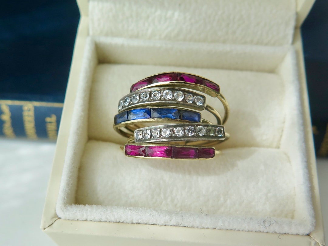 Antique Harem Ring, 18k Gold, Multi Gemstone Ruby, Blue and White ...