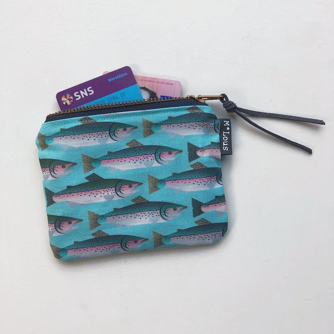 Blue Coin Purse With a Fish Minimalist Design Little Zipper Pouch Coin ...