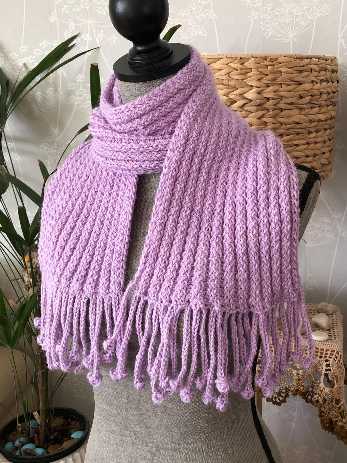 Lilac Alpaca Unisex Hand Knitted Scarf Rib Pattern Traditional Long ...