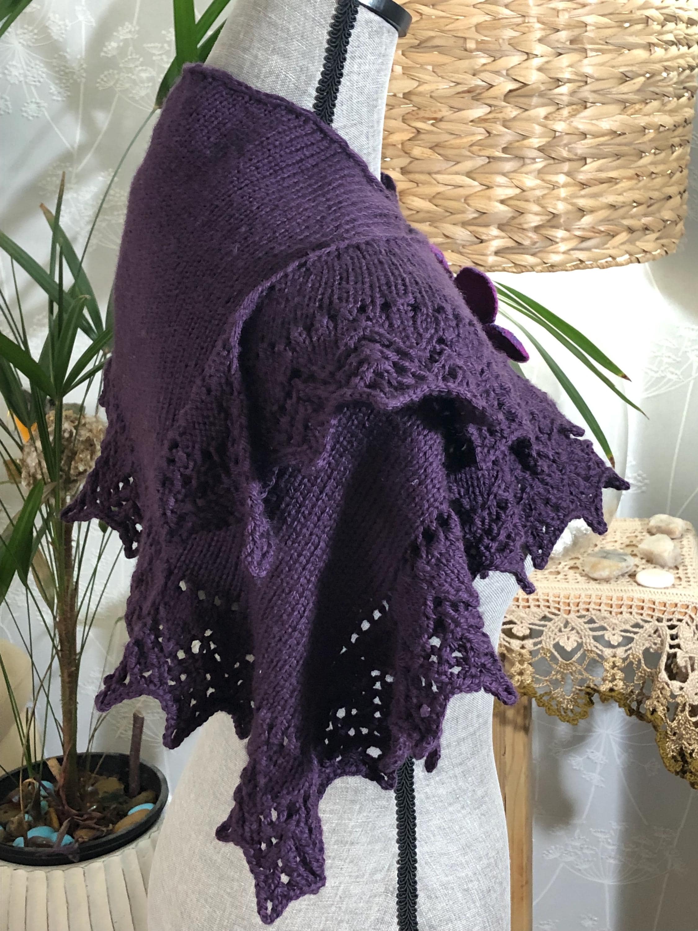 Lace Triangle Shawl Luxury Australian Wool Dark Plum Yarn Scarf Felted ...