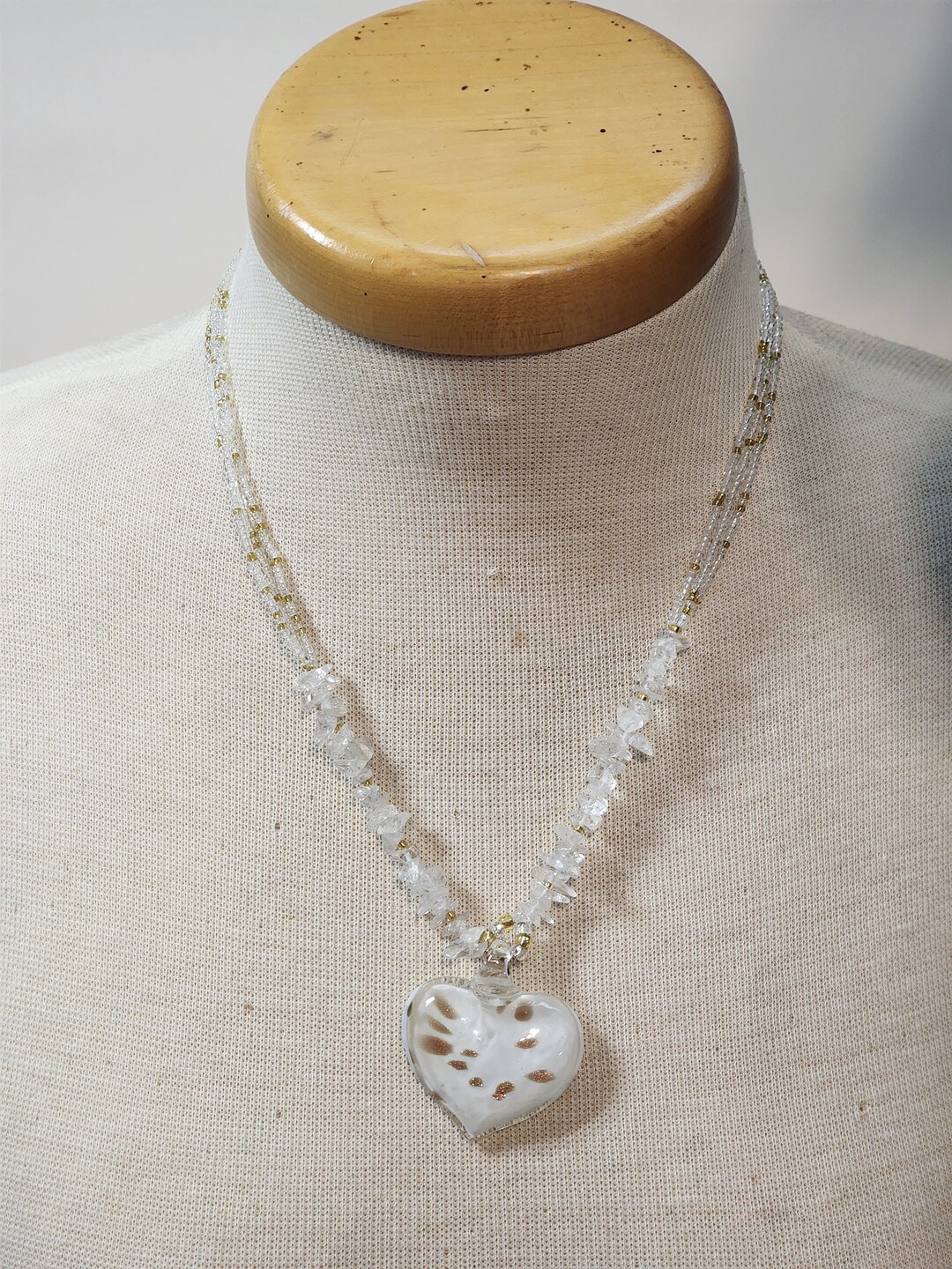 Vintage Glass Heart Necklace With Quartz Chips - Handcrafted Romantic Jewelry, Vintage Necklace ...