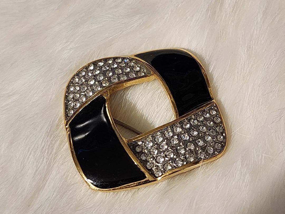 Vintage Butler Brooch in Black, Gold and Rhinestone, Diamond Shaped ...