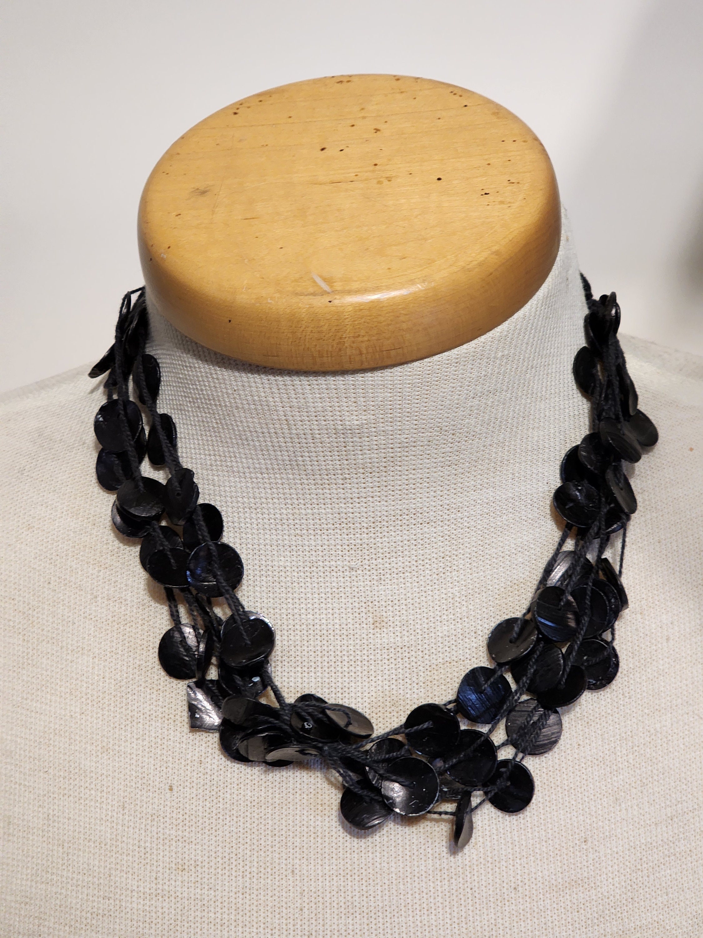 Multi Strand Black Thread and Black Shell Necklace Boho Chic Statement Jewelry Black Necklace Black Jewelry Vintage Necklace