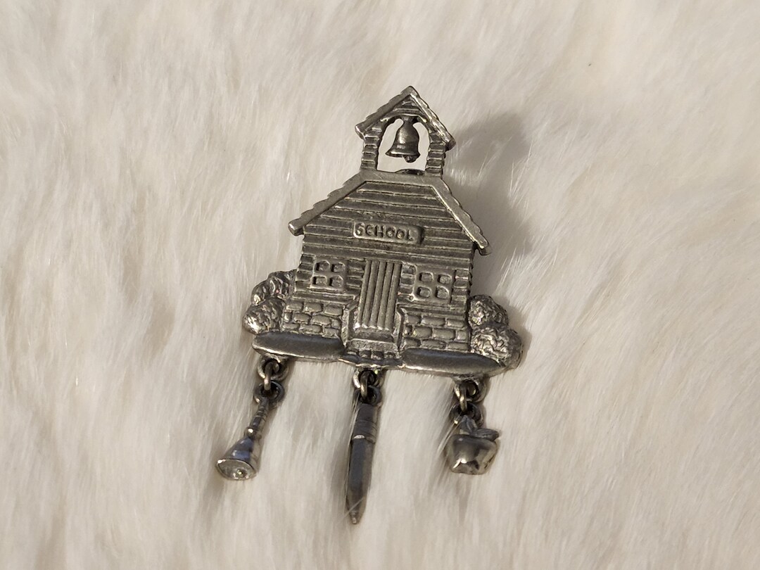 LCD Schoolhouse Lapel Pin With Dangling Charms Bell Pencil & Apple ...