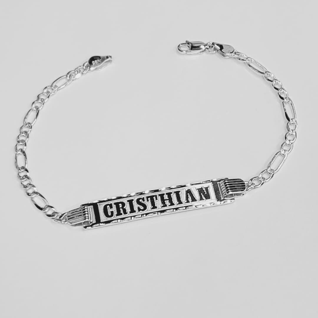 Engraved Figaro ID Bracelet, ID Bracelet With Diamond Cut Border Finish ...