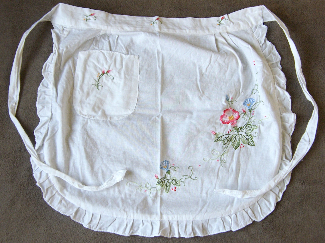 Vintege Embroidered Apron/ Kitchen Apron Floral Embroidery Cotton ...