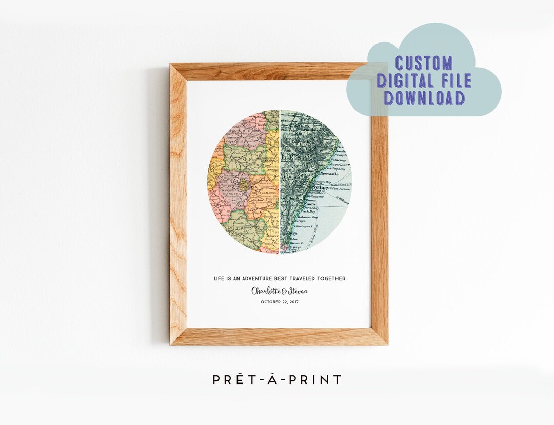 Custom Circle Map Art, Vintage Circle Maps, Personalize Map, Wedding ...