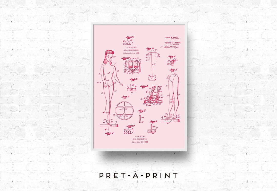 1961 Barbie Blueprint Pink, Barbie Doll Patent Print Designed by John ...
