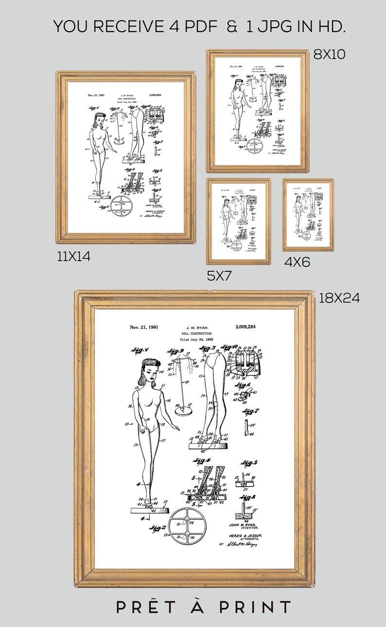1961 Barbie Blueprint, Barbie Doll Patent Print Designed by John Ryan ...