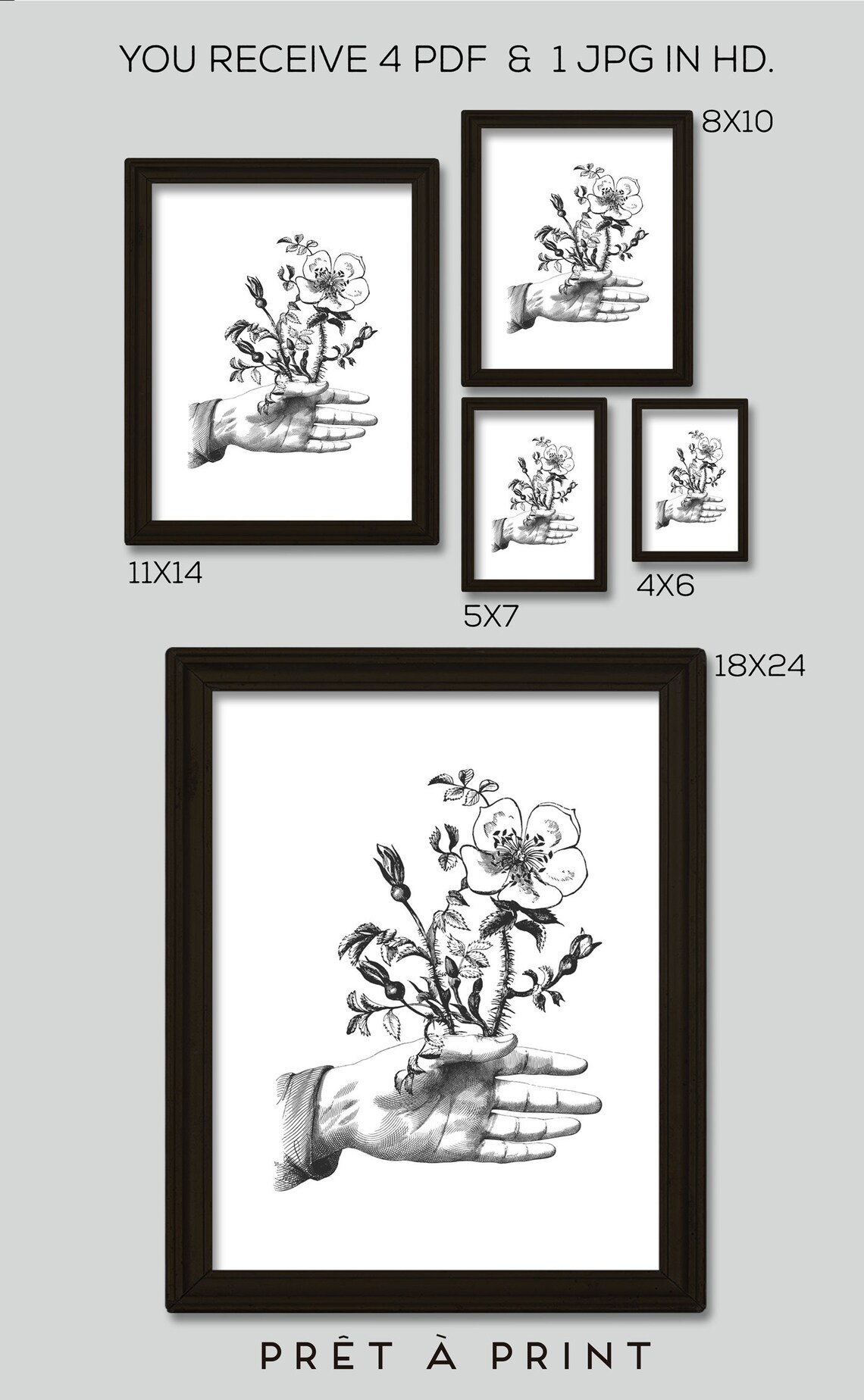 Vintage Hand Print, Hand Flower Printable Wall Art, Black and White ...
