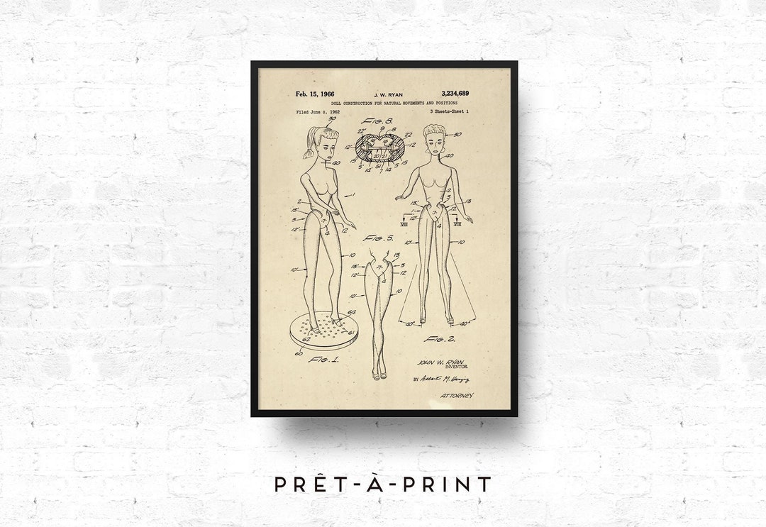 1966 Barbie Blueprint Pink, Barbie Doll Patent Print Designed by John ...