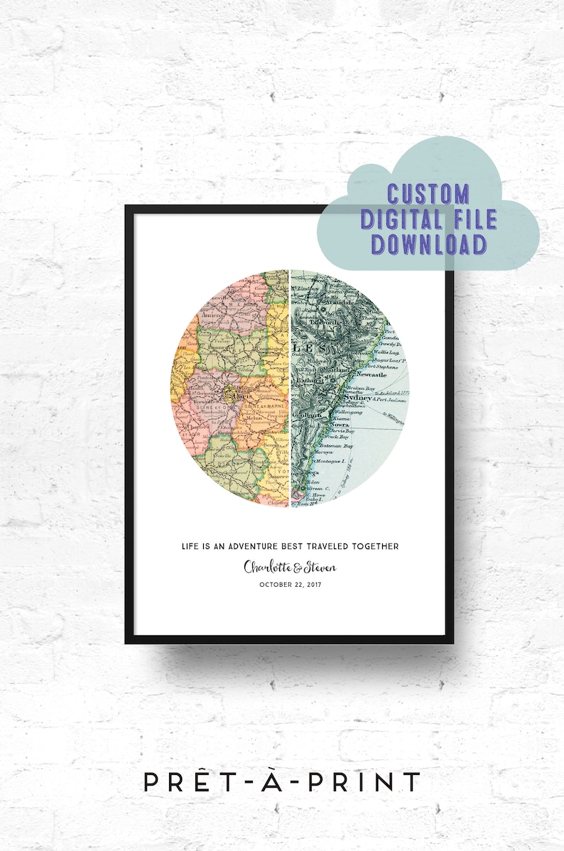 Custom Circle Map Art, Vintage Circle Maps, Personalize Map, Wedding ...