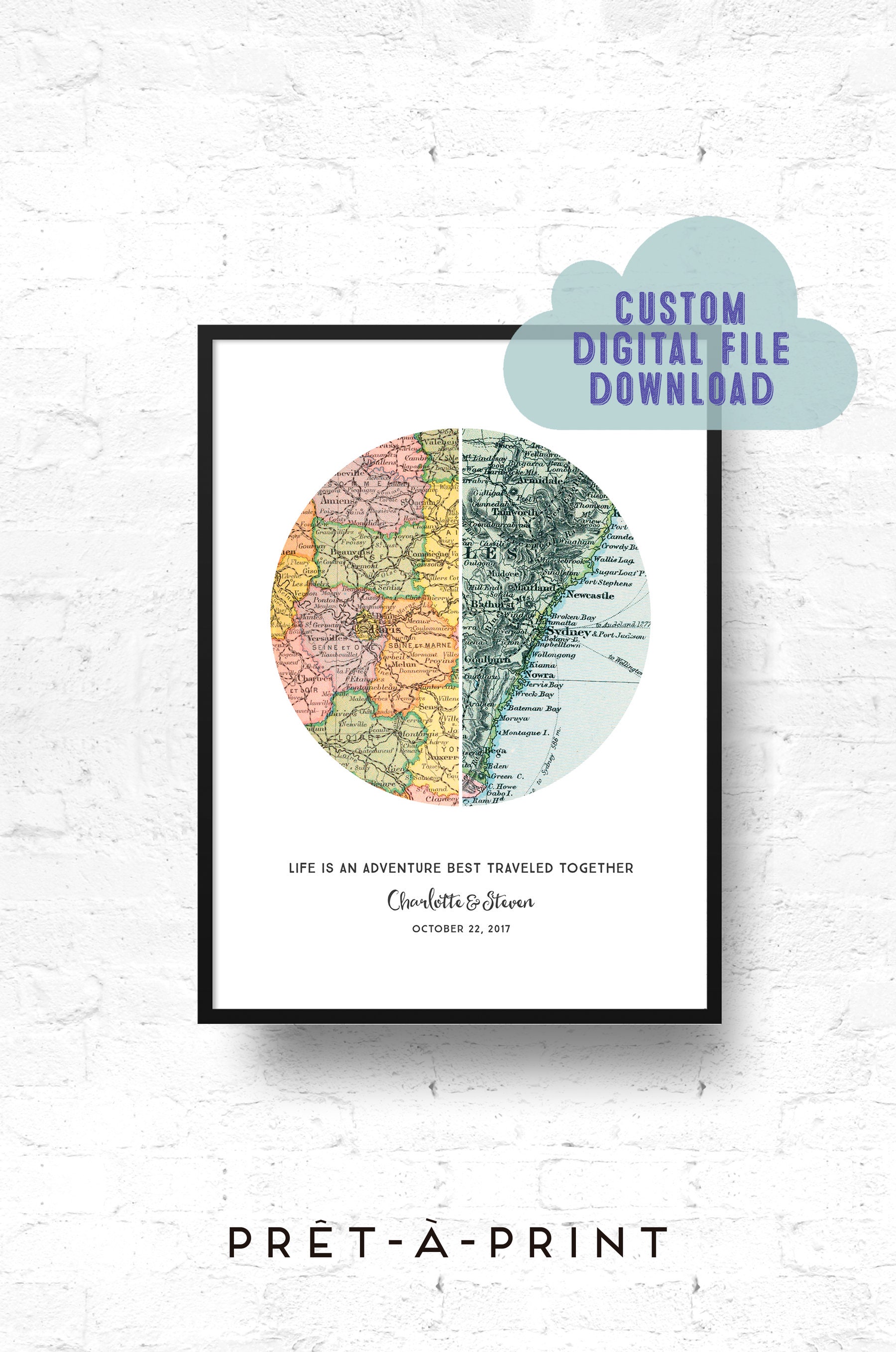 Custom Circle Map Art, Vintage Circle Maps, Personalize Map, Wedding ...