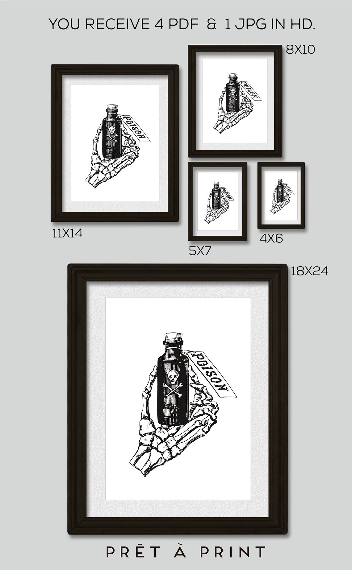 Vintage Hand Print, Poison Skeleton Hand, Black and White Print ...