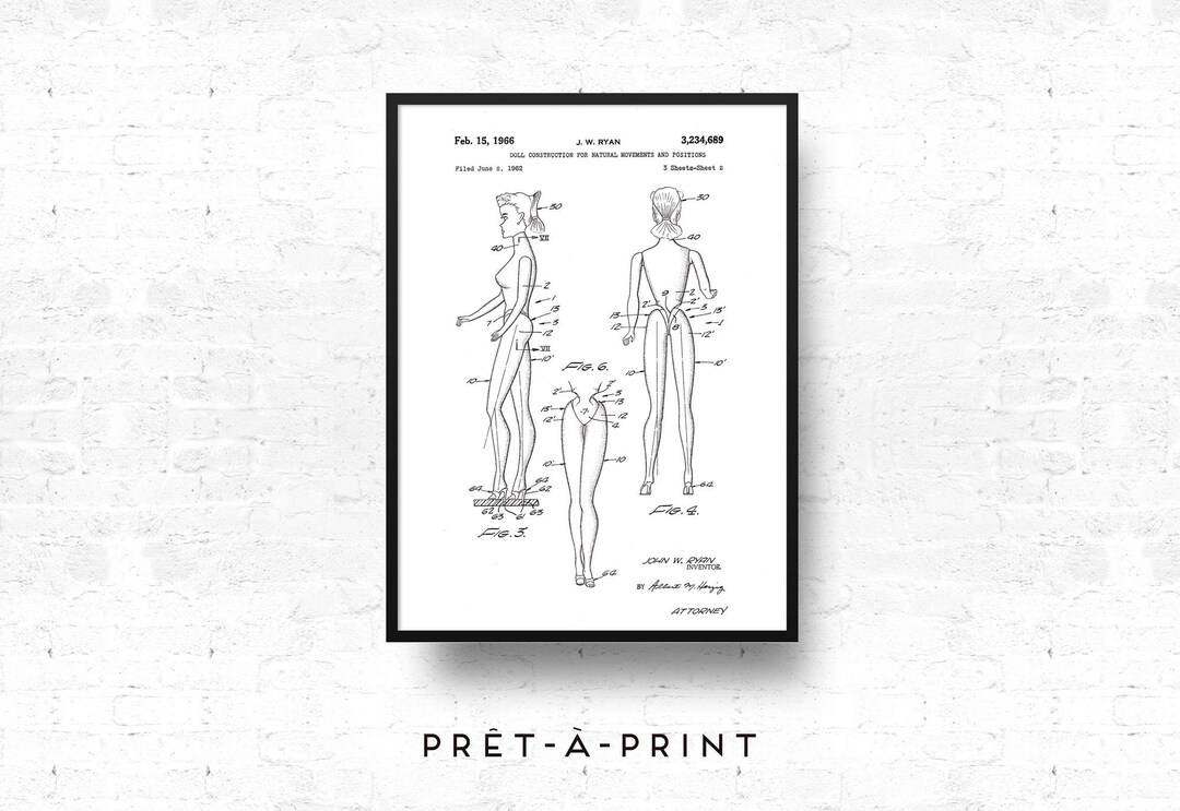 1961 Barbie Blueprint, Barbie Doll Patent Print Designed by John Ryan ...