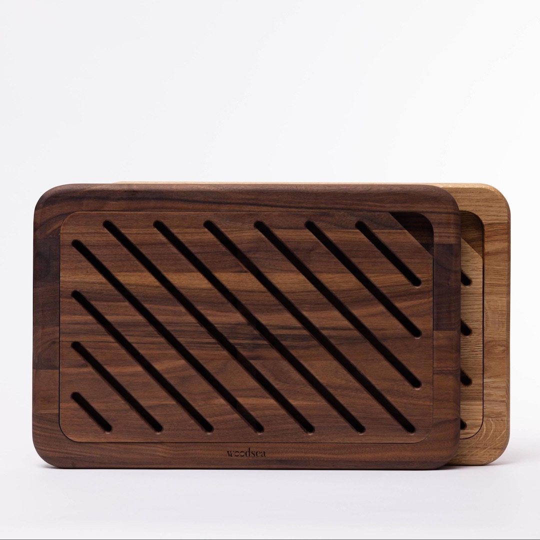Walnut Bread Cutting Board With Crumb Tray - Handmade Wooden Rustic ...