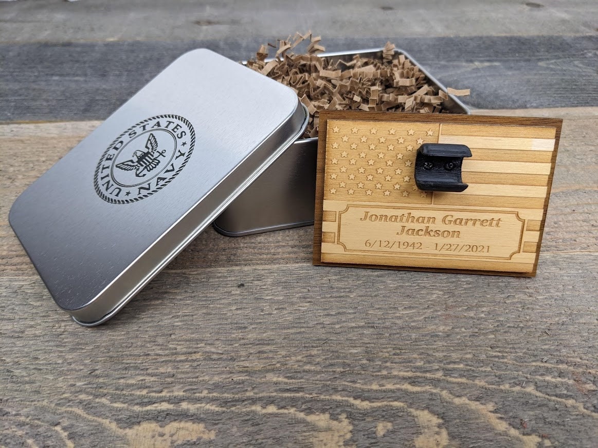 Personalized Military Funeral Memorial Wood Plaque in Commemorative Tin ...