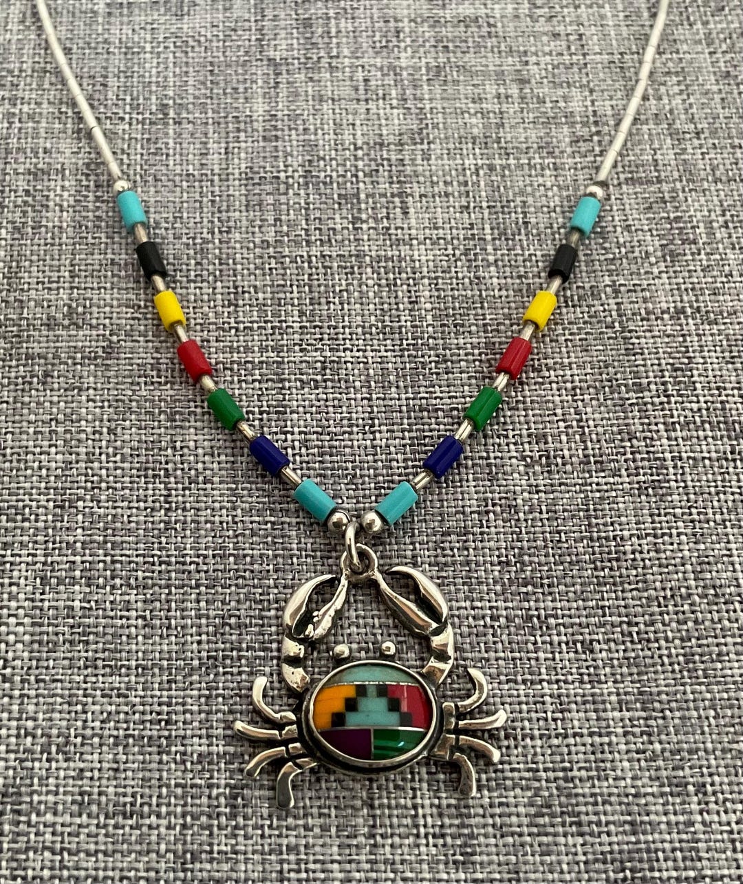Vintage Zuni Crab Inlay Pendant Necklace, 925, Liquid Silver, Native ...