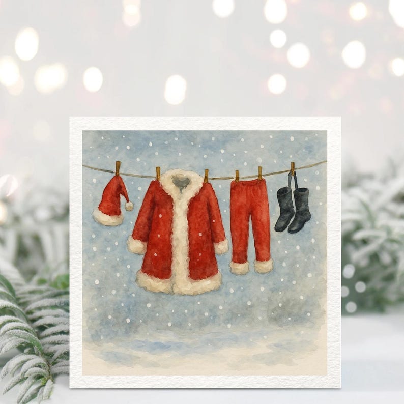 Santa Suit on Washing Line Christmas Card – Festive Watercolour Holiday ...