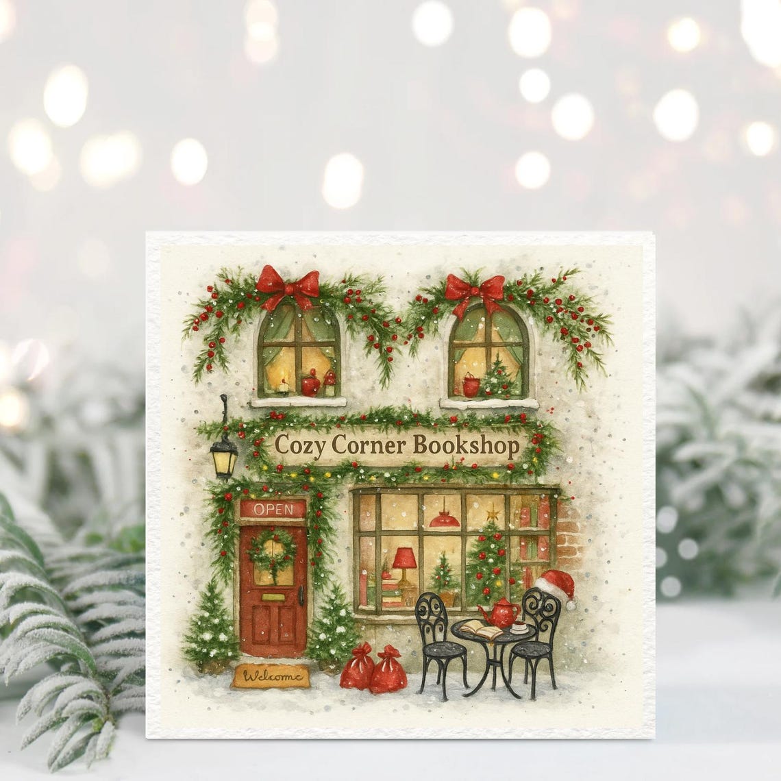 Cozy Corner Bookshop Christmas Card – Festive Winter Bookstore Scene ...