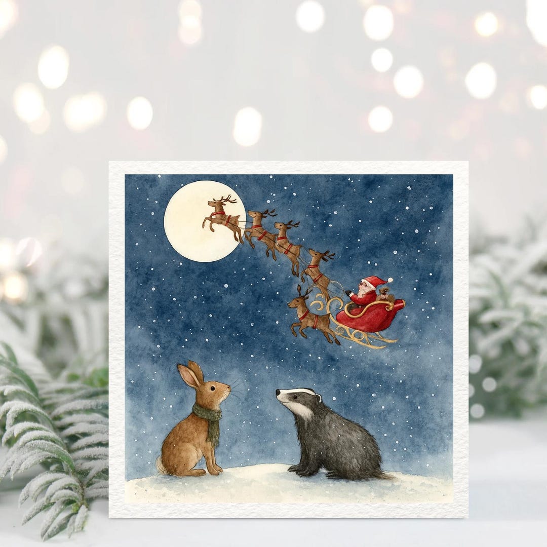 Woodland Christmas Card Hare and Badger Watching Santa Sleigh | Animal ...