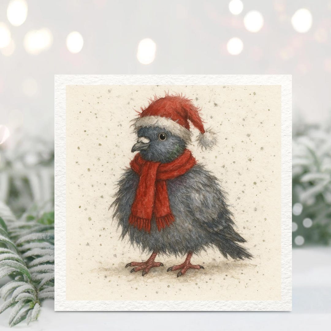 Scruffy Pigeon Christmas Card – Watercolour Bird With Santa Hat & Scarf ...