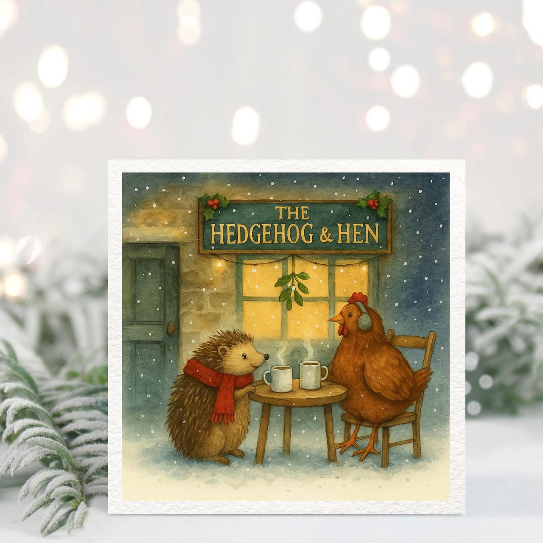 Hedgehog and Hen Christmas Card • Winter Animal Illustration • Cosy ...