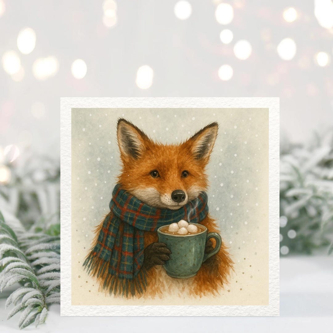 Cozy Fox Christmas Card – Winter Fox With Hot Chocolate & Scarf – Cute ...