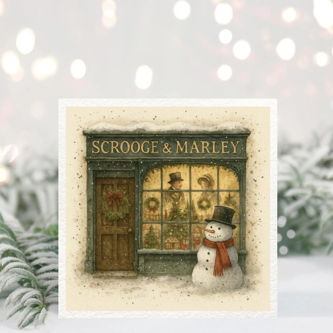 Scrooge & Marley Christmas Card | Victorian Shopfront Snow Scene ...