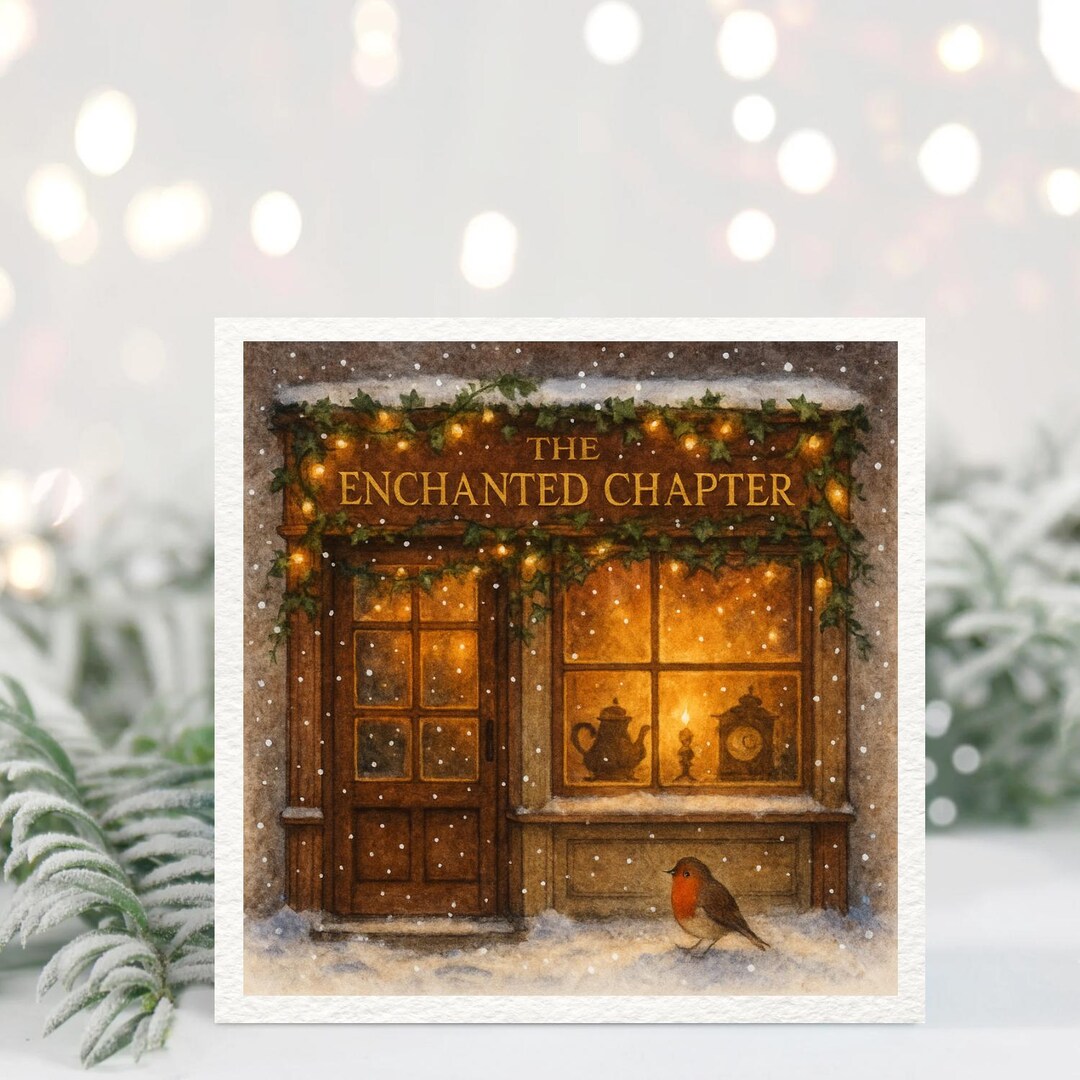 The Enchanted Chapter Christmas Card | Cozy Winter Bookshop Scene ...