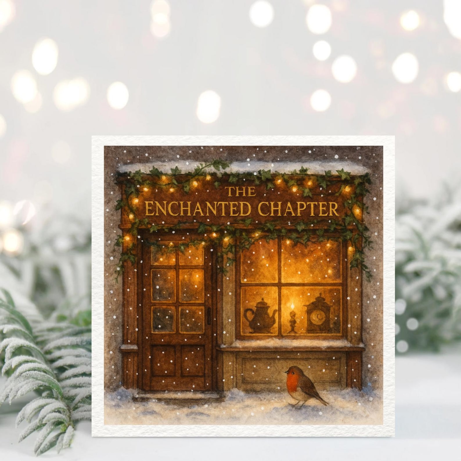 The Enchanted Chapter Christmas Card | Cozy Winter Bookshop Scene ...