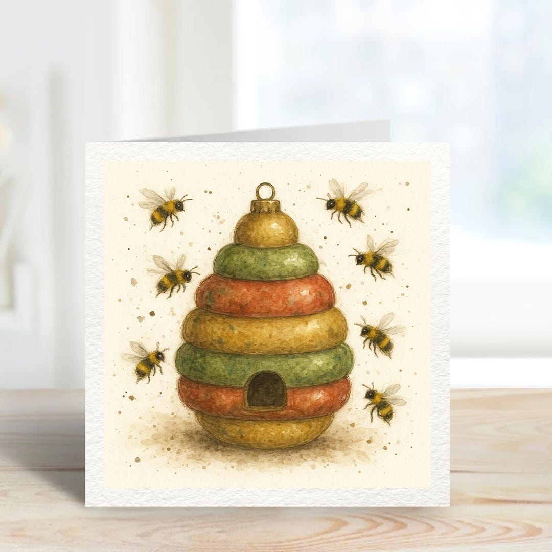 Scruffy Bee Christmas Card – Watercolour Beehive Bauble With Bumblebees ...