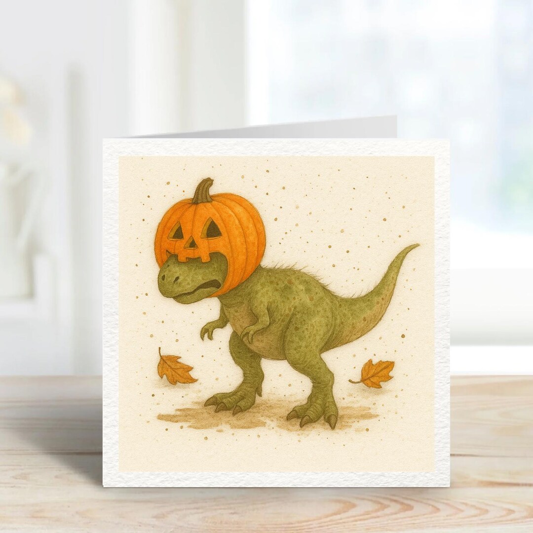 Funny Dinosaur Halloween Card – T-rex Pumpkin Head – Cute Spooky ...