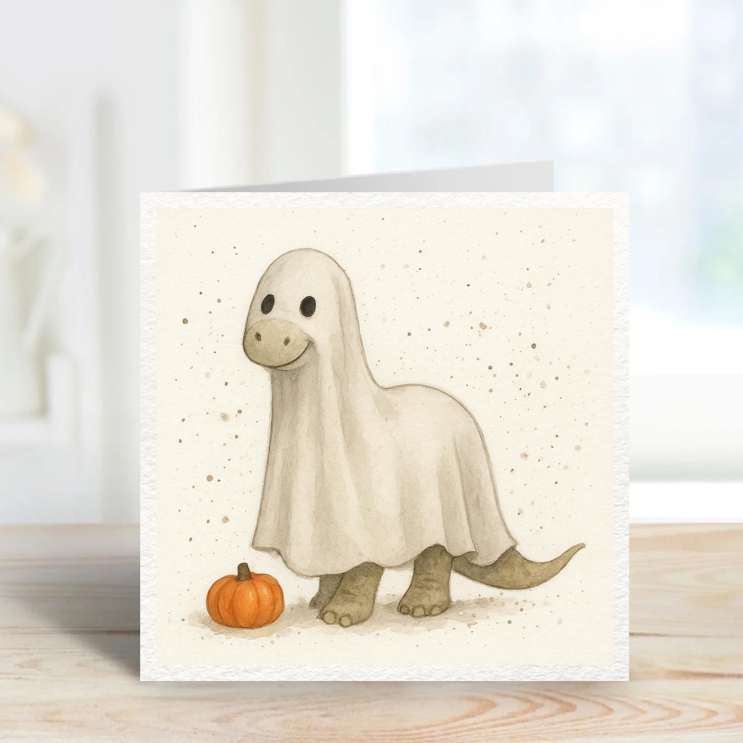 Cute Dinosaur Halloween Card – Ghost Costume Dino With Pumpkin – Funny ...