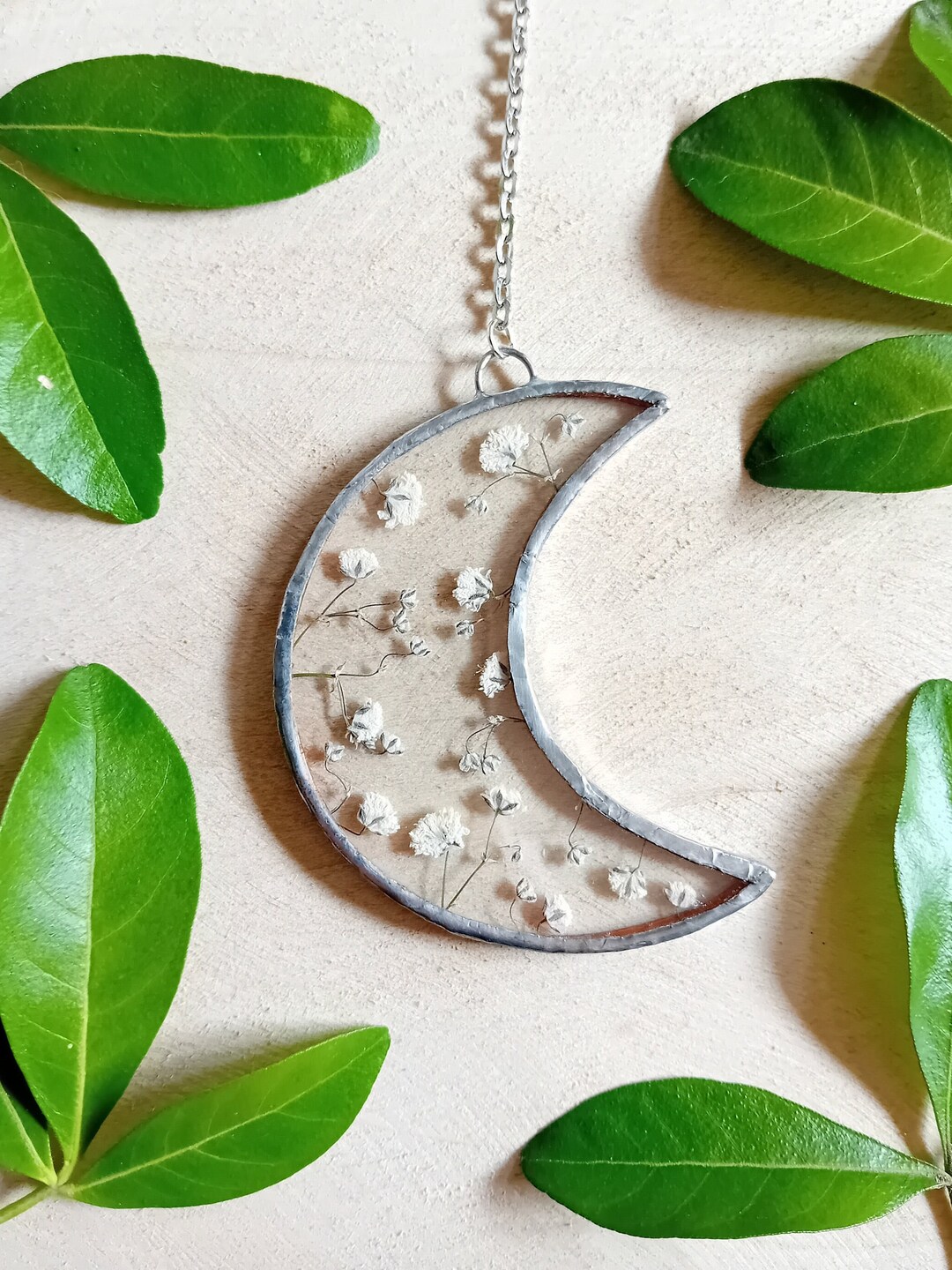 Hanging Stained Glass Moon Decoration Pressed Gypsophilia Crescent Moon ...