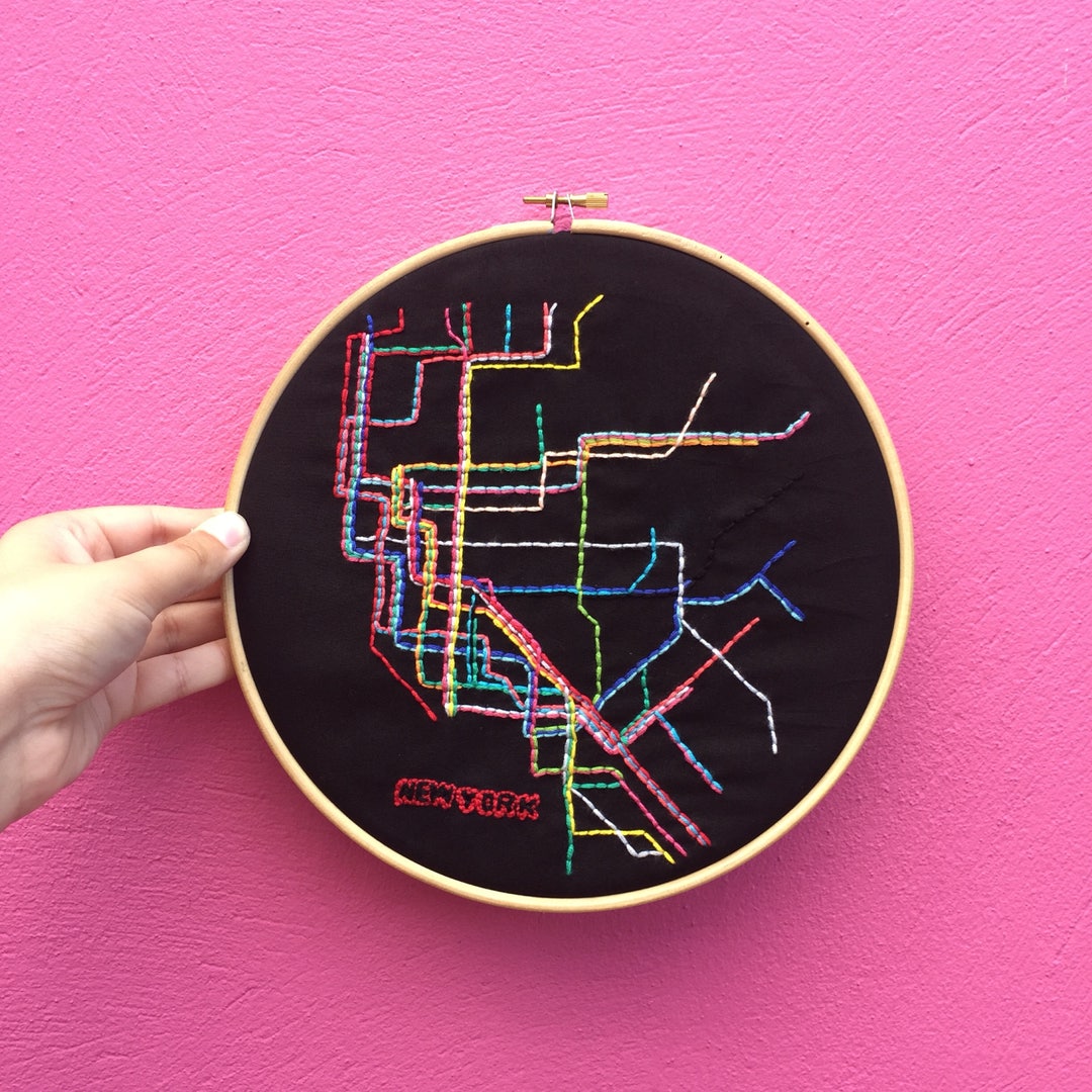 New York City Subway Map Embroidered by Hand on 9 Wooden - Etsy