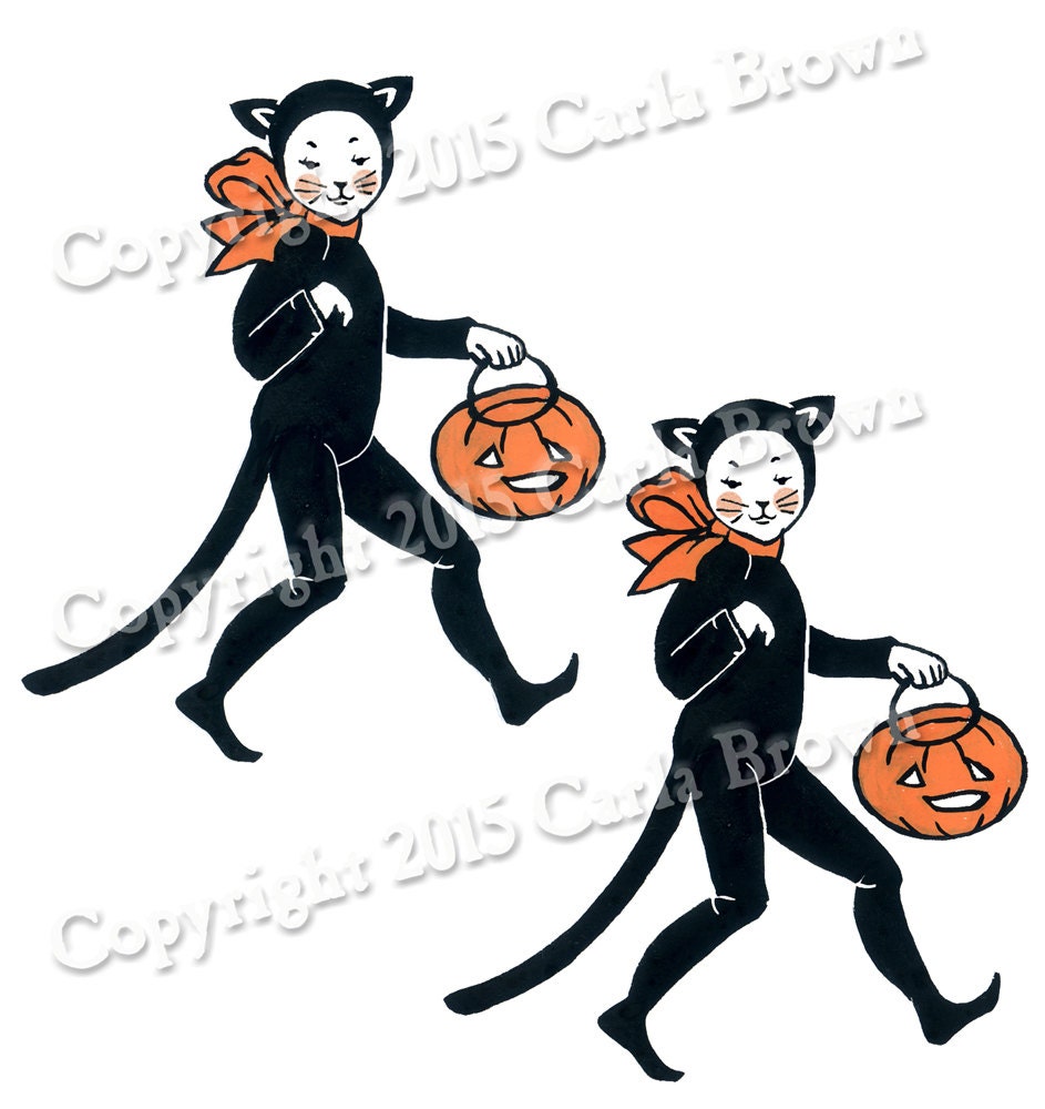 Halloween Clip Art Trick-or-treater in Black Cat Costume Vintage ...