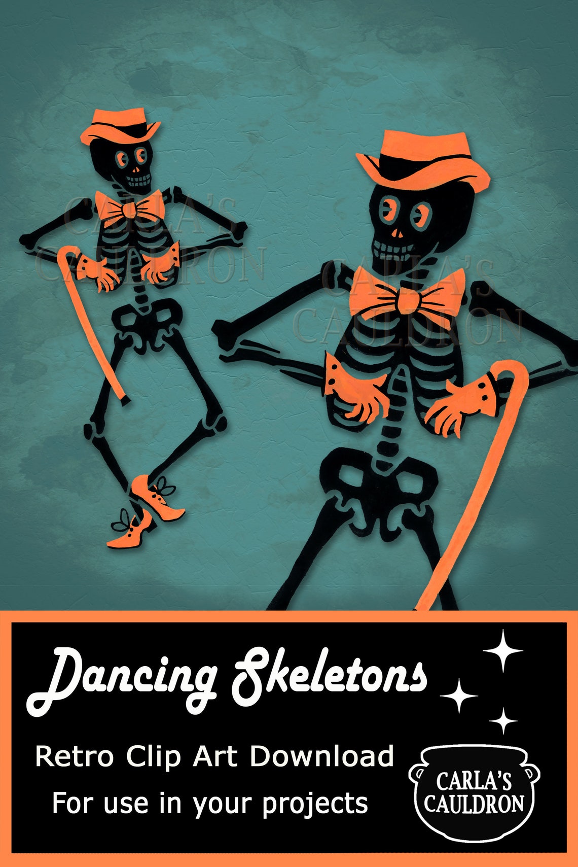 Halloween Clip Art Vintage Style Skeleton Clipart Retro Black Dancing ...