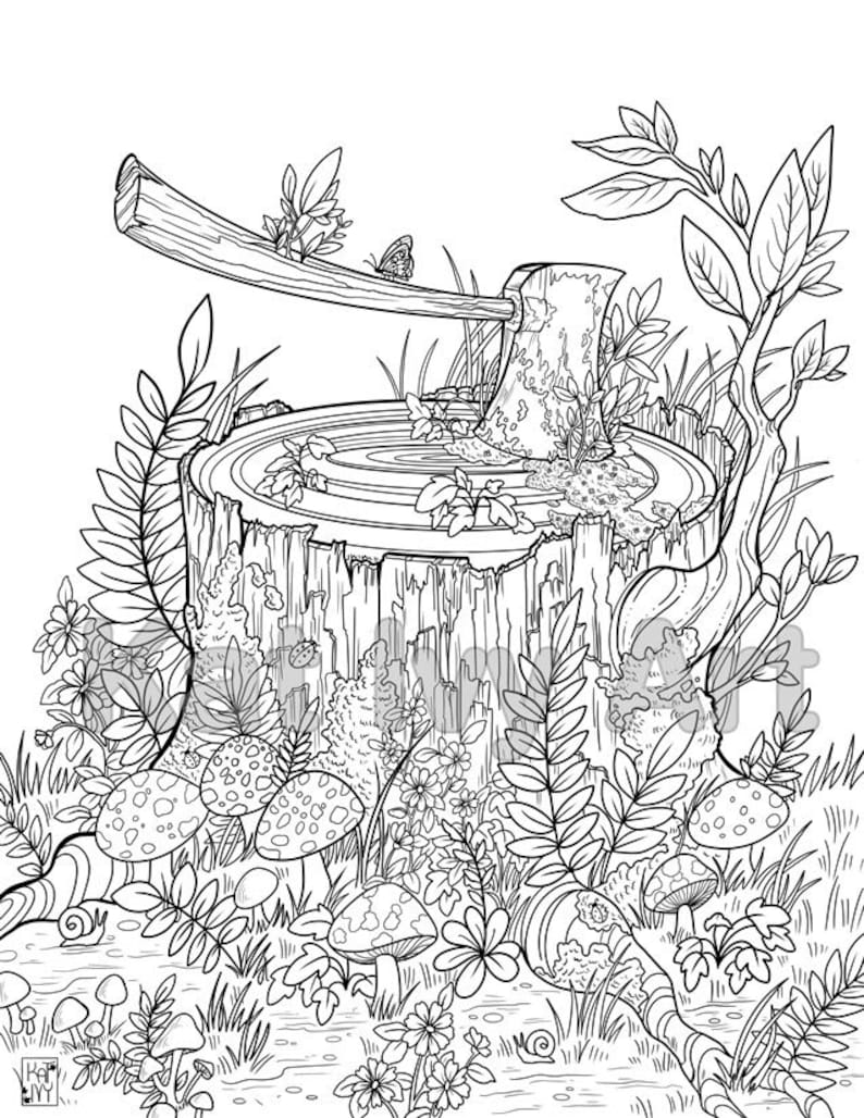 Cottagecore Stump Mushroom Adult Coloring Page- Digital Download - Etsy