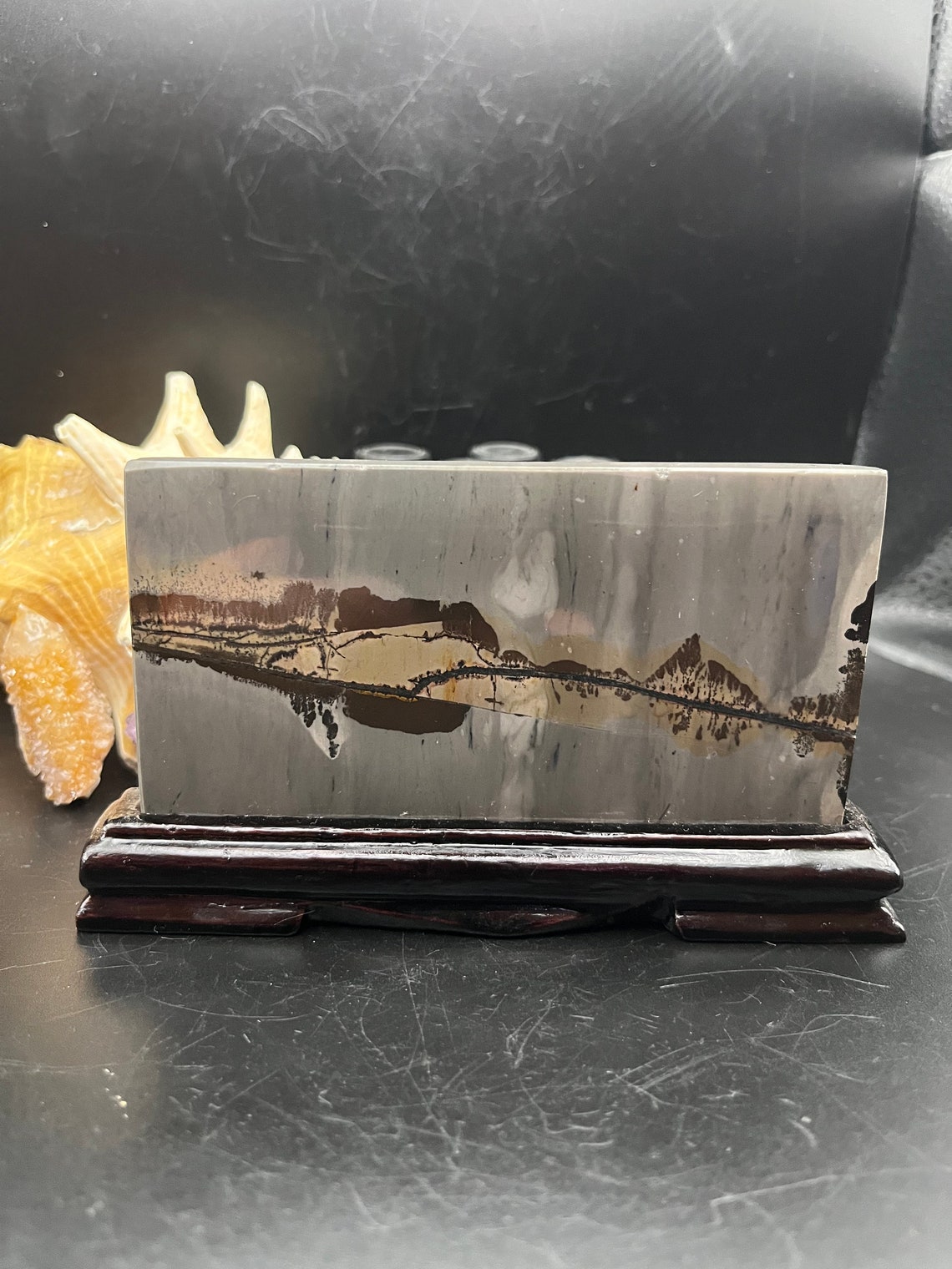 Picture Jasper Slab With Attached Wooden Stand Beautiful Gray Crystal ...