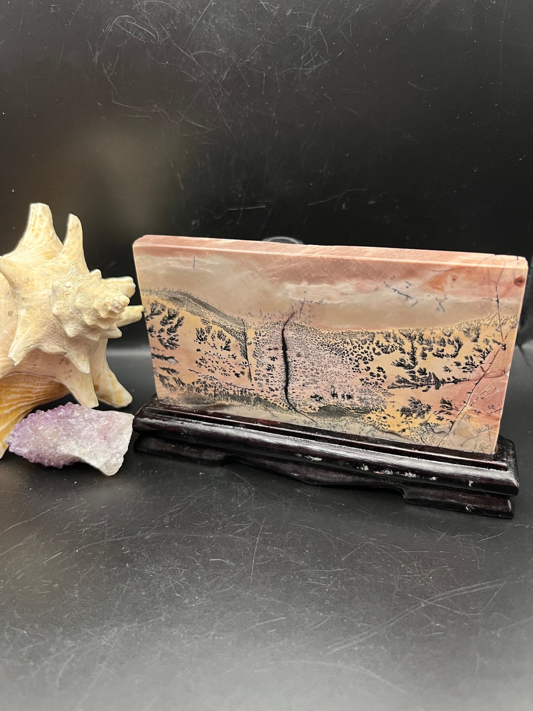 Picture Jasper Slab With Attached Wooden Stand Beautiful Pink Crystal ...