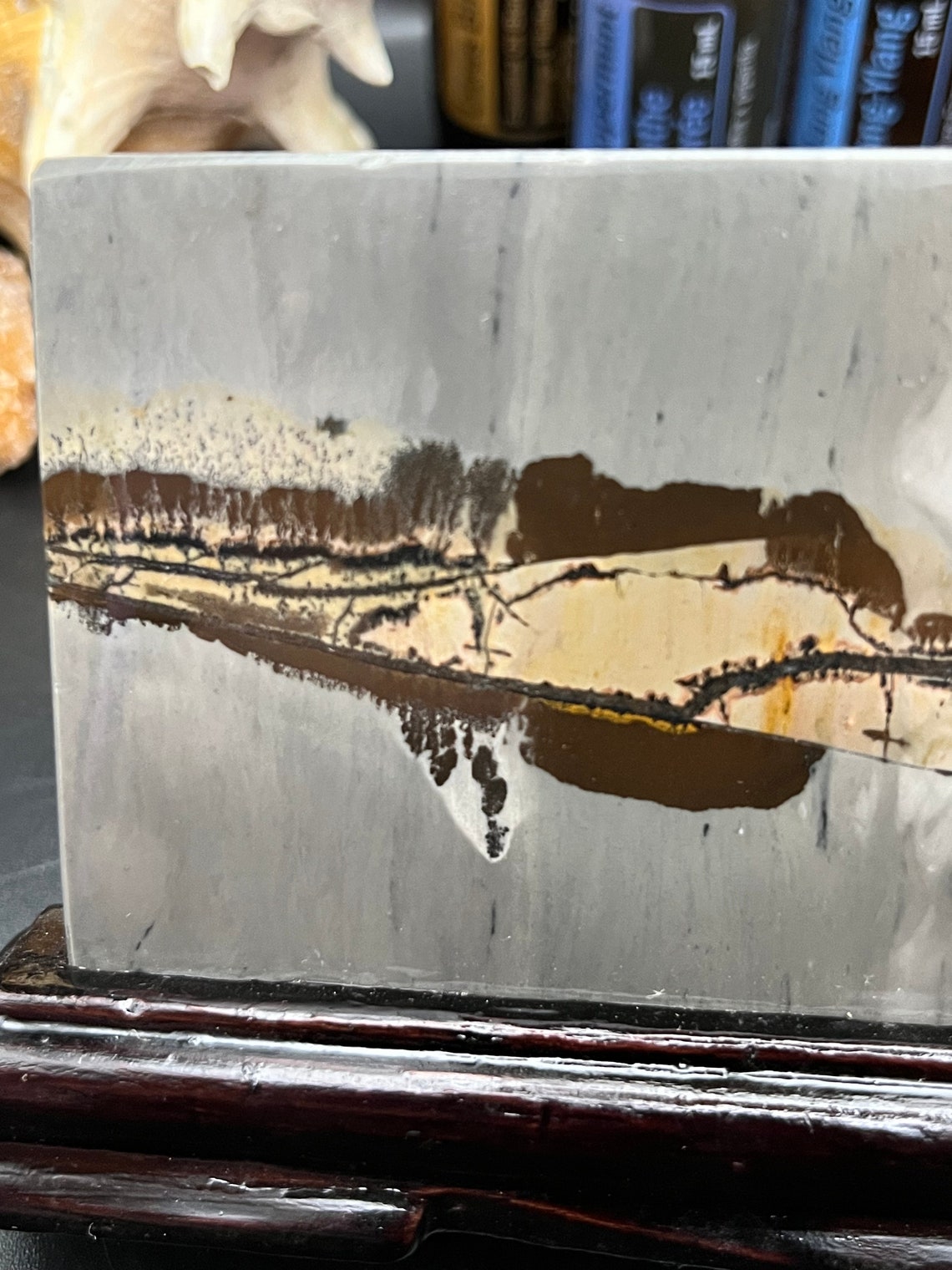 Picture Jasper Slab With Attached Wooden Stand Beautiful Gray Crystal ...