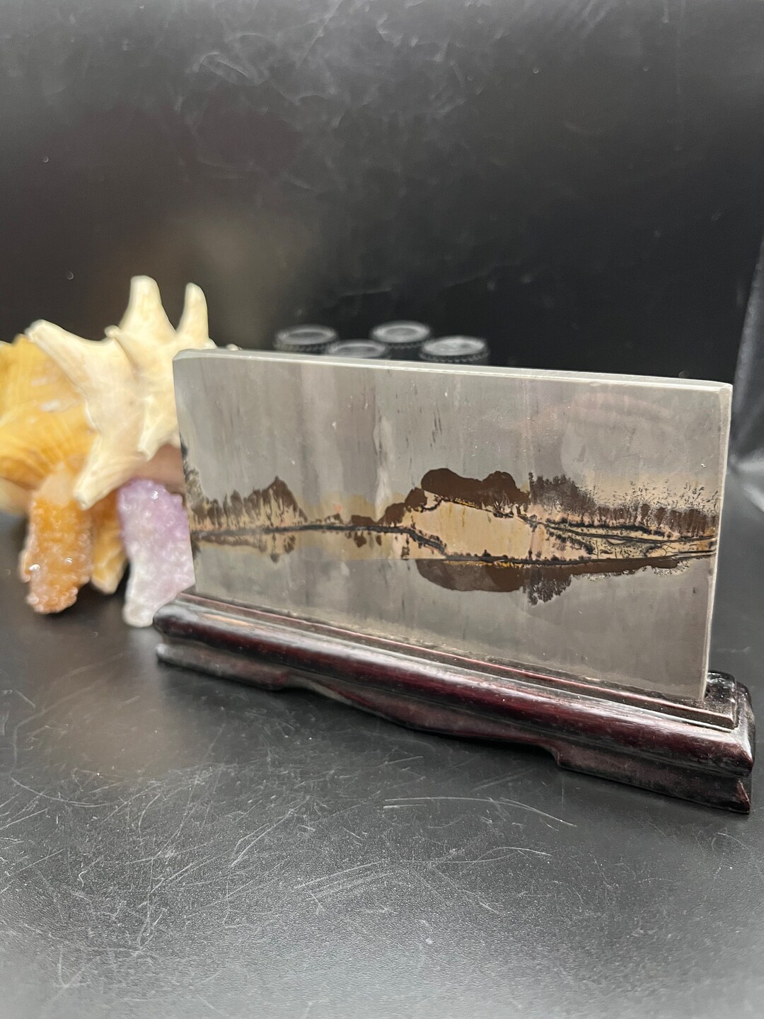 Picture Jasper Slab With Attached Wooden Stand - Beautiful Gray Crystal ...